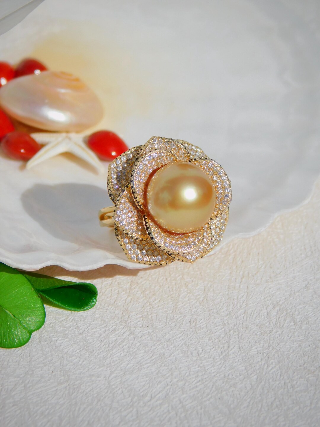 Deep Golden South Sea Pearl Rose Ring | Flower Ring | 12.6mm | Round ...