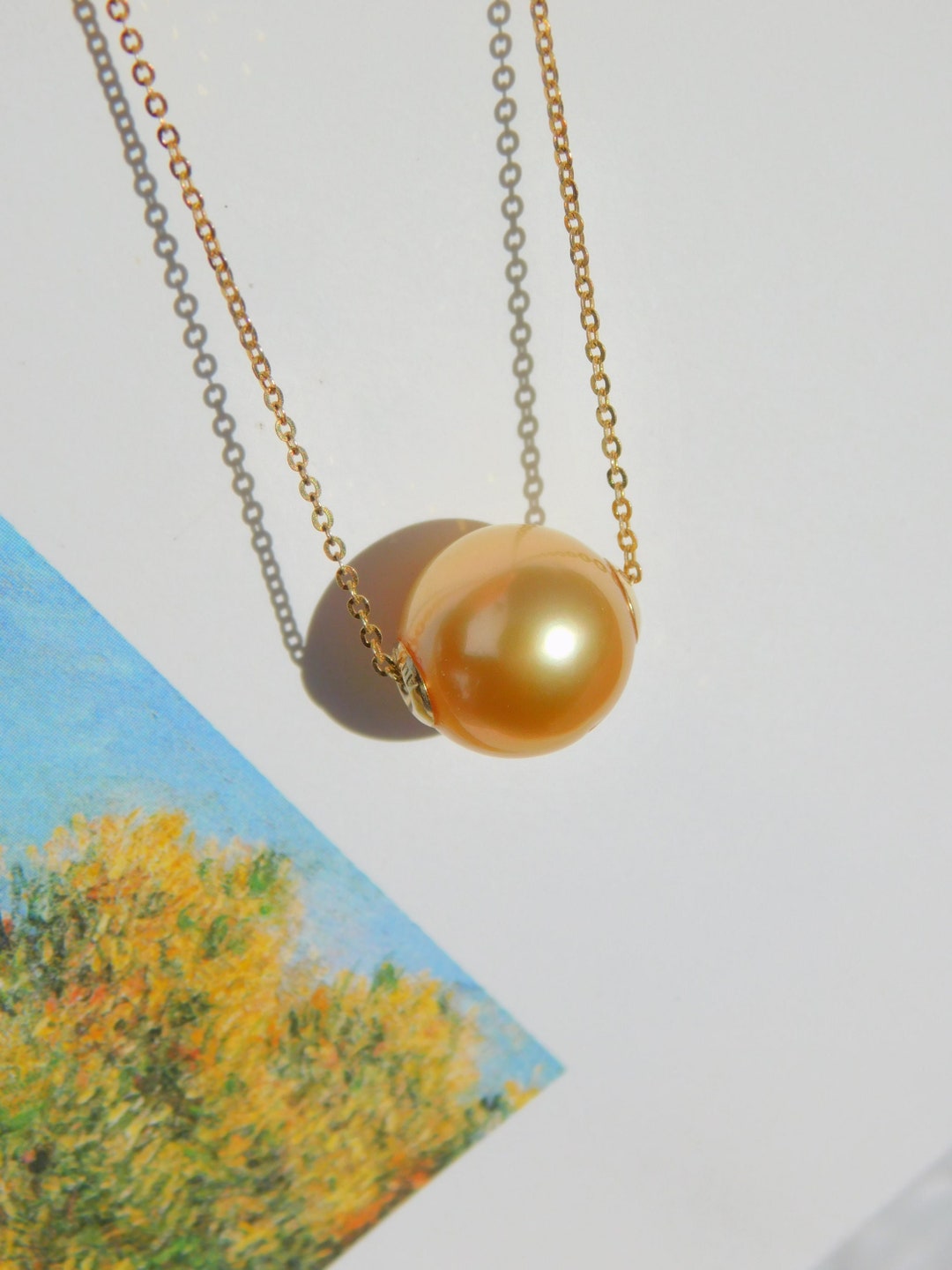 11.4mm Single Golden South Sea Pearl Necklace AAA Dainty Floating Pearl ...