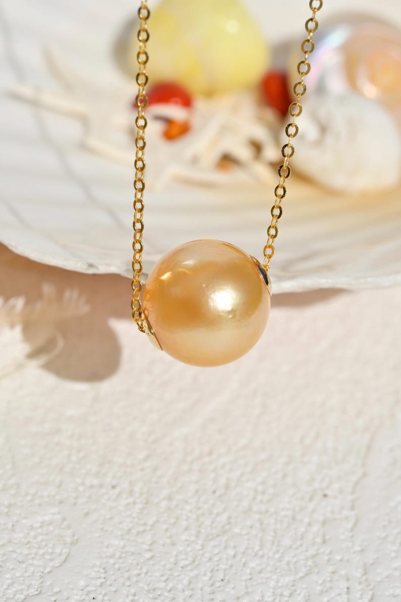 12.2mm Golden South Sea Pearl Floating Necklace: Solid 18K Gold Pin-end ...