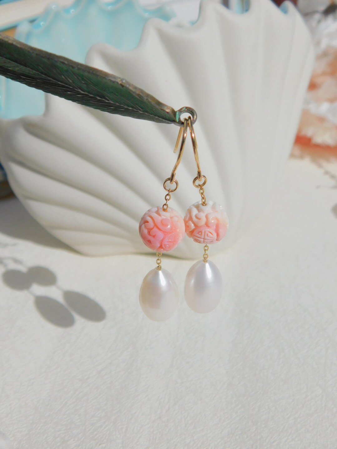 Freshwater Pearl and Pink Queen Conch Shell Earrings 10mm Solid 18kt ...