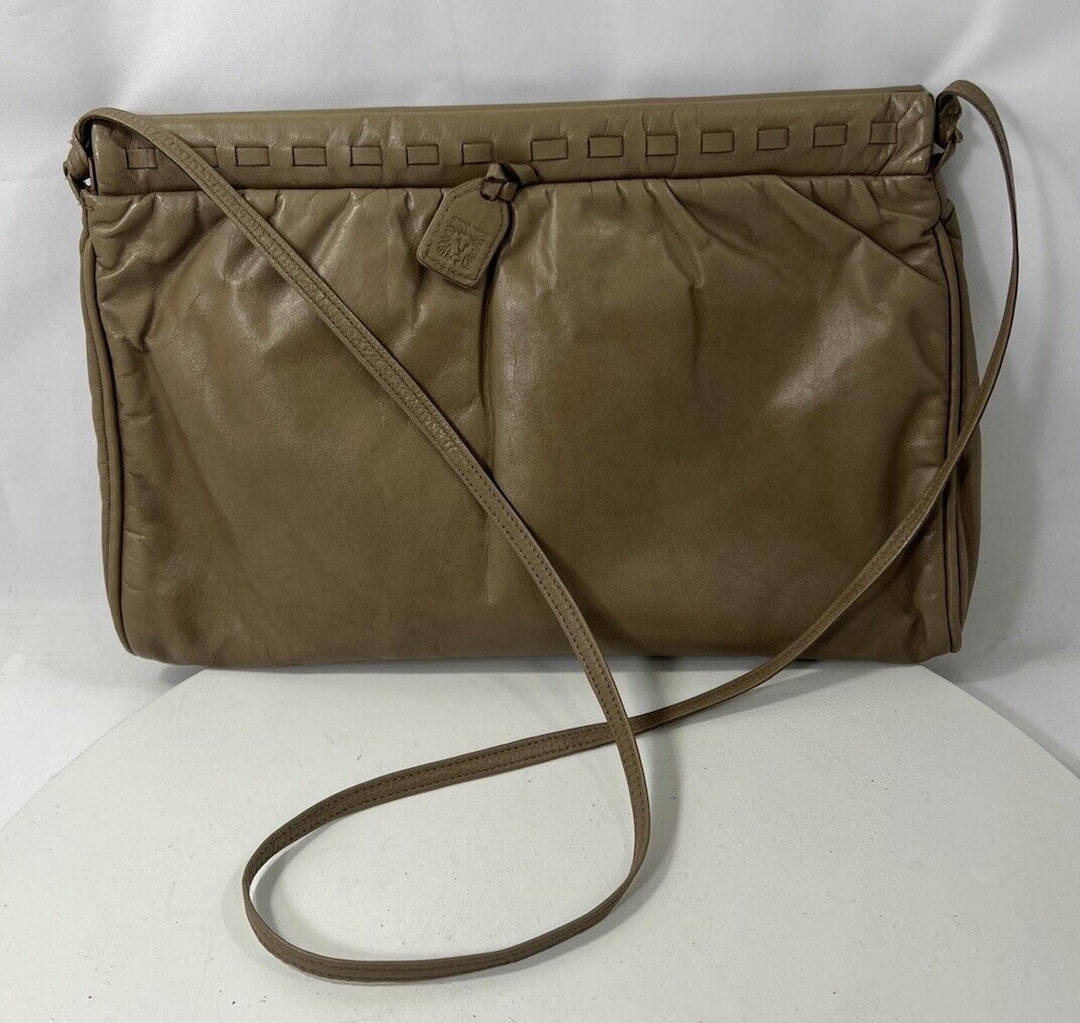 Vintage 80s Anne Klein Handbag Purse Shoulder Bag Pull Tabs Leather Tan ...
