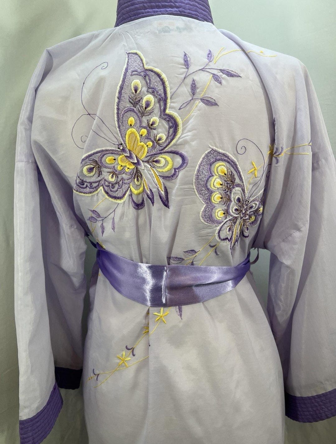 Vintage 60s Lyre Bird Kimono Robe Embroidered Butterfly Lavender Women ...