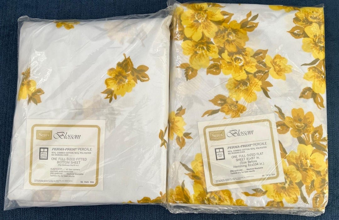 Vintage 70s Sears Blossom Yellow Floral Double Full Sheet Set Flat ...