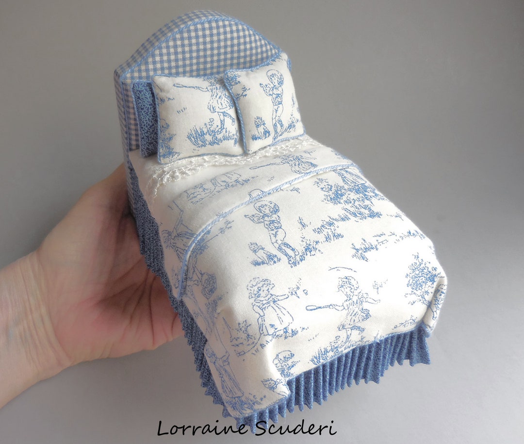 Blue Play Time Toile Dressed Twin Bed Made to Order Dollhouse Miniature ...