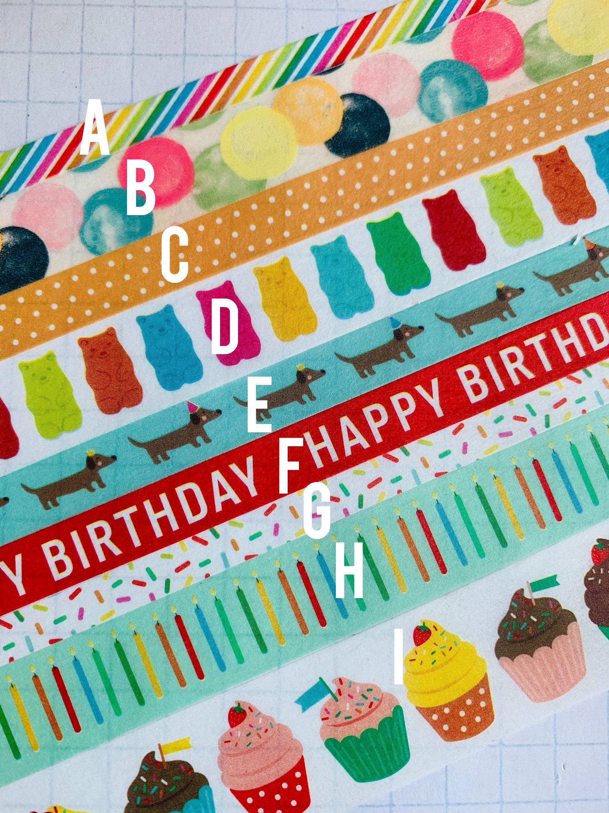 Happy Birthday, Diagonal Stripes, Bright Colors, Dots, Gummy Bears ...