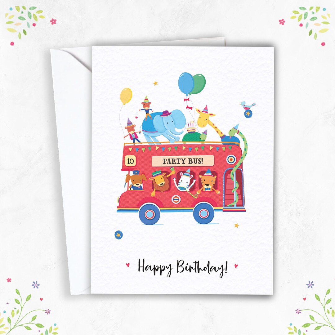 Personalised Bus Birthday Card Kids Birthday Card With Cute Party Bus ...