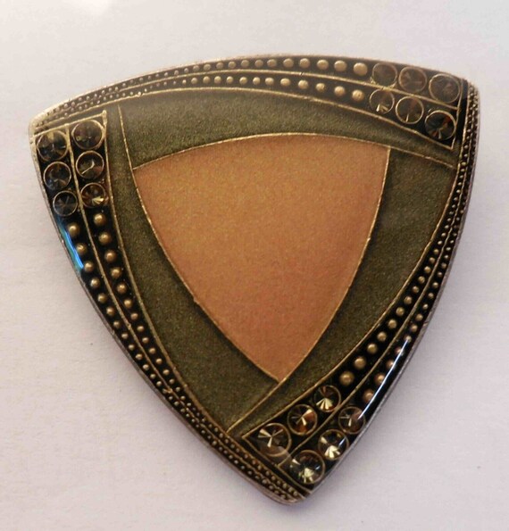 Green and gold enamel triangle brooch with rhinestone… - Gem