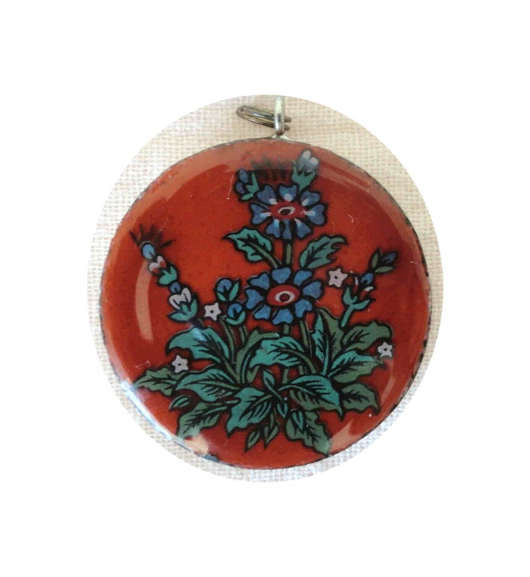 Round Enameled Pendant With Blue Floral Pattern on a Coral Red ...