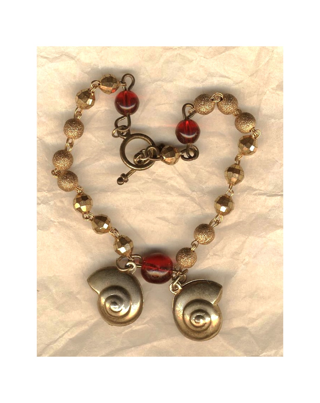 Gold Metal Snail Bracelet on Chain and Red and Gold Glass - Etsy