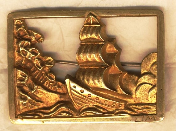 Large ship brooch, sailboat, boat, 55 mm, vintage han… - Gem