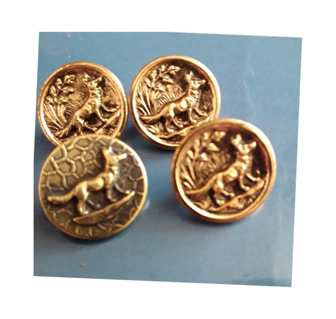 Four Gold Metal Fox Buttons, 16mm, Forest Animal, Wild Animal Predator ...