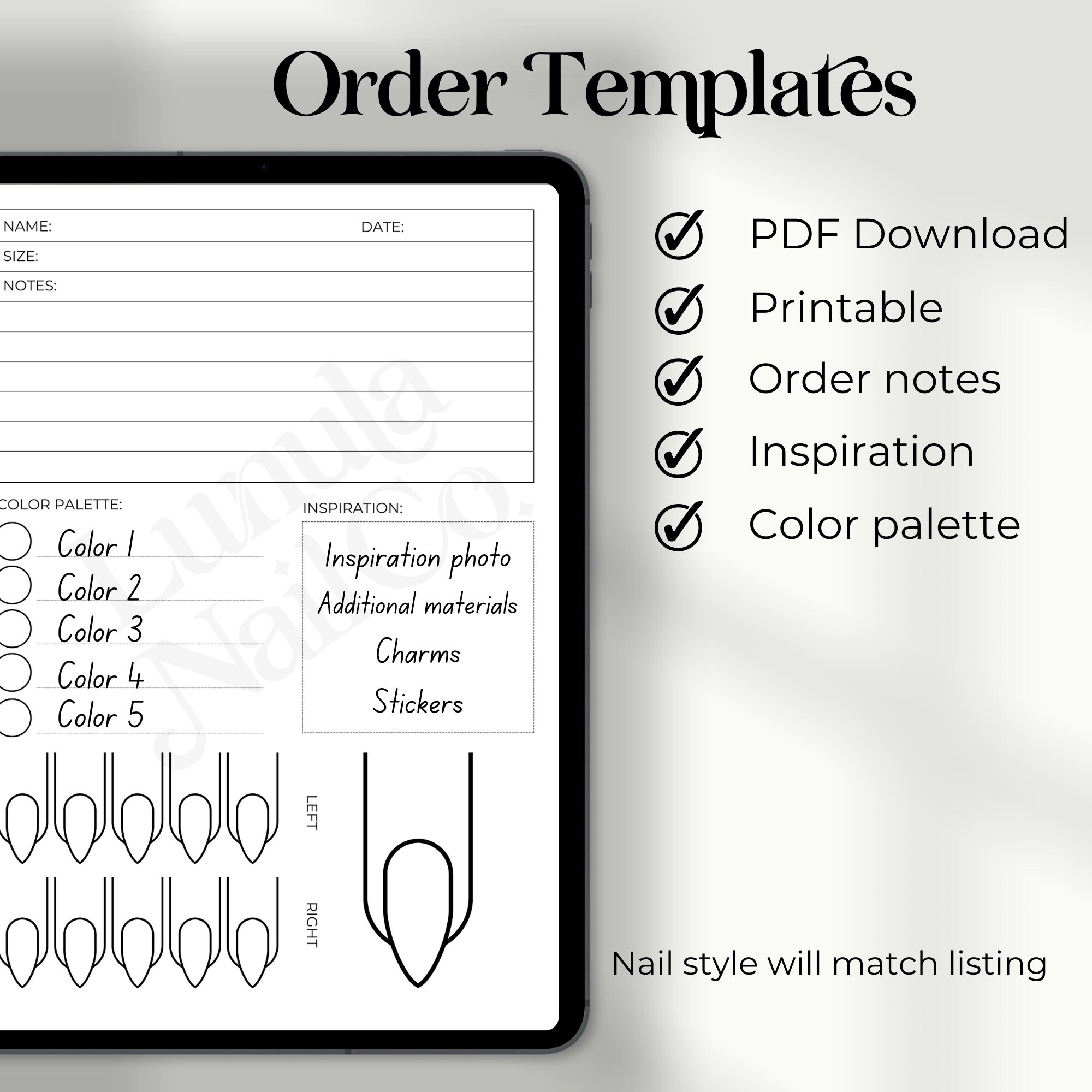 SHORT ALMOND Nail Design Practice Sheet Template Nail Art Order Planner ...