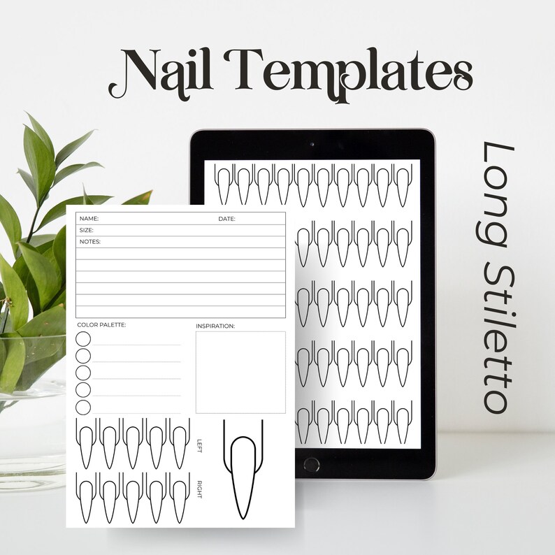 LONG STILETTO Nail Design Practice Sheet Template - Nail Art Order ...