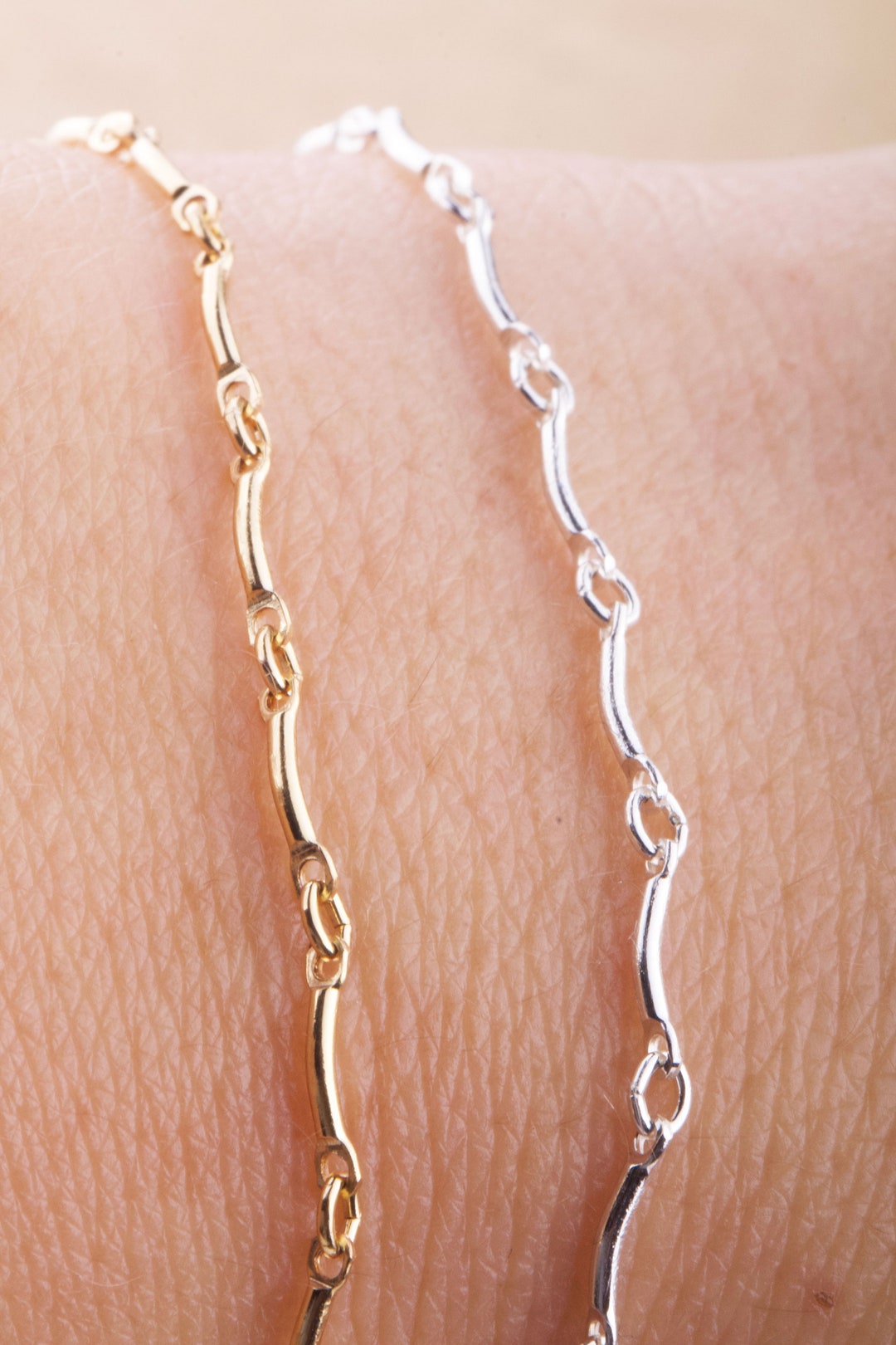 Tiny Curved Bar and Link Chain by Foot in Sterling Silver, Gold Filled ...