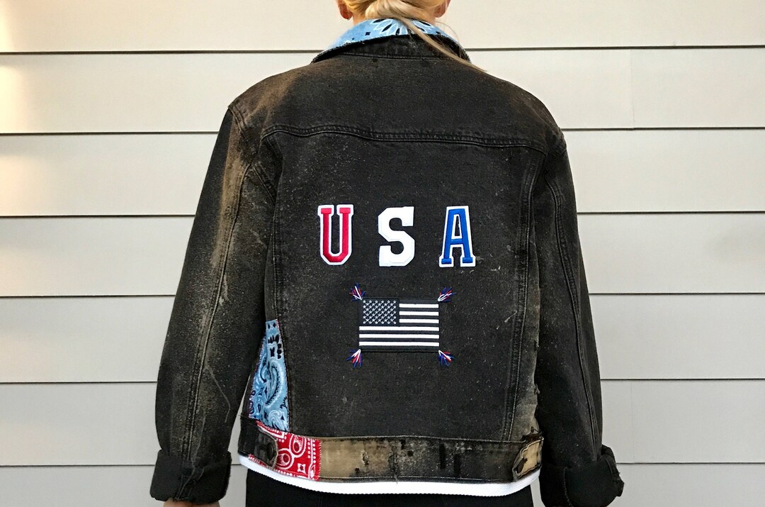 America Patchwork Denim Jacket - Etsy