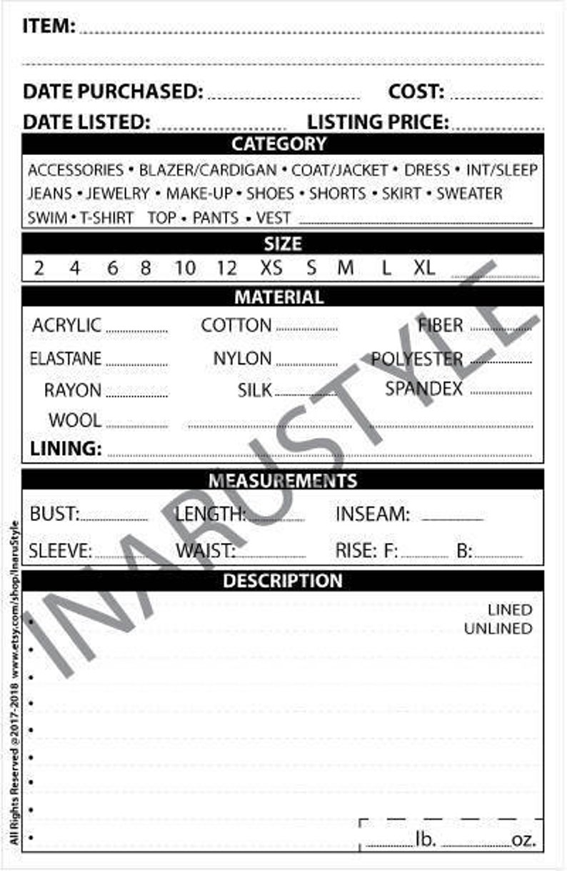 Inventory Intake Form Printable for Poshmark and/or eBay | Etsy