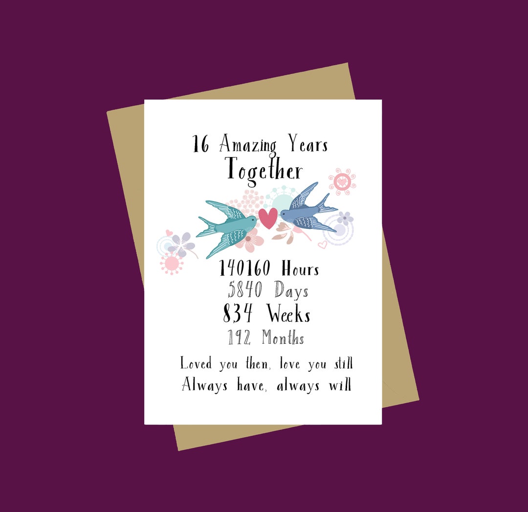 16th Anniversary Card, 16 Year Anniversary Card, Special 16th ...