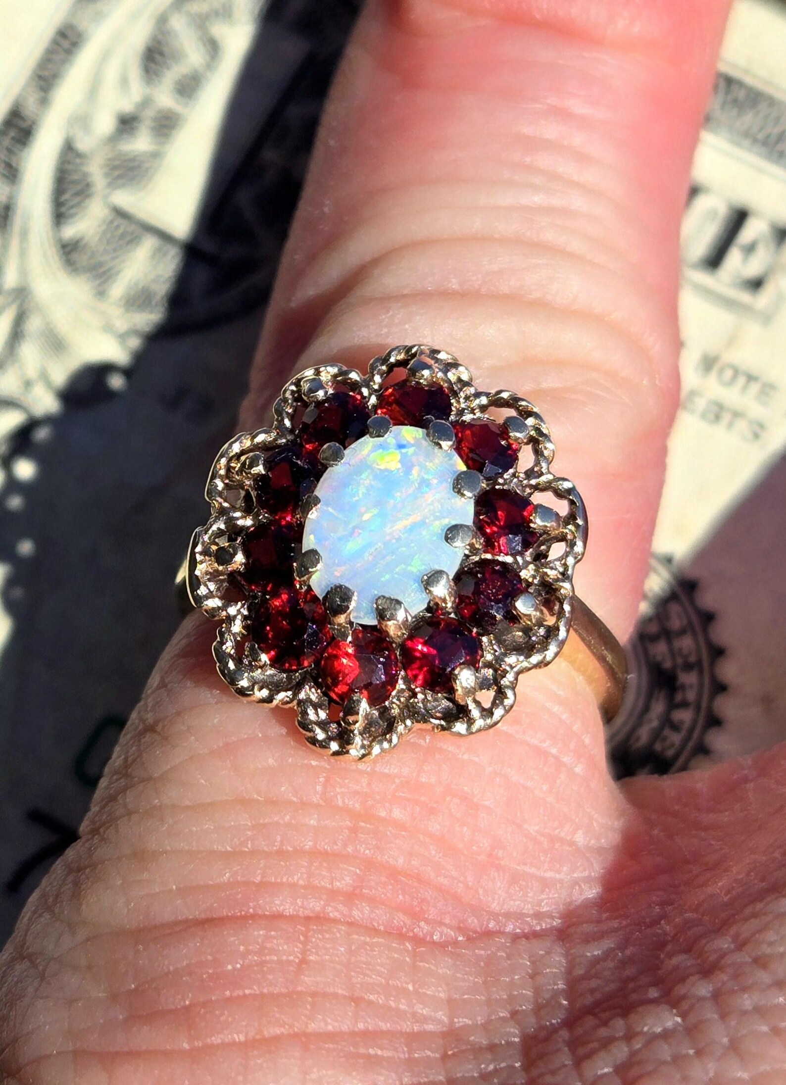 Rare Killer Estate Find Vintage 10k Yellow Gold Opal and Garnet Halo ...