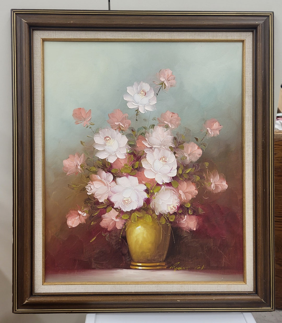 Amazing Piece 1970-1980s Listed American Painter Robert Cox Still Life Red and White Flowers Oil ...
