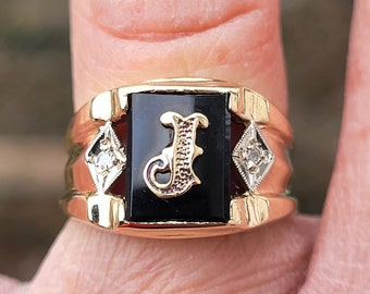9ct Gold & Onyx Letter J Signet Ring Vintage 375 Initial - Etsy