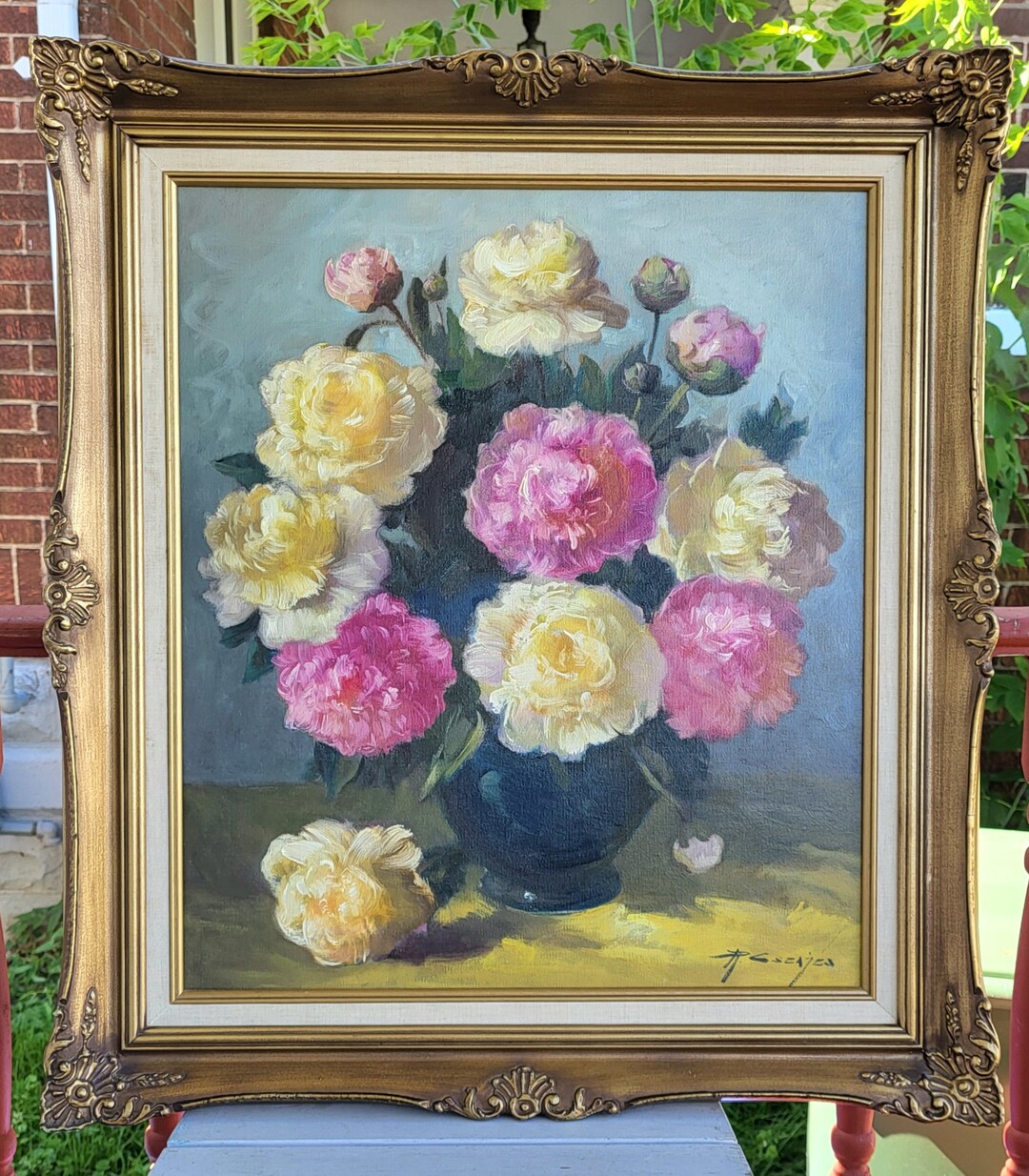 Rare Estate Original 1960-70s Still Life Oil Painting of Peonies ...