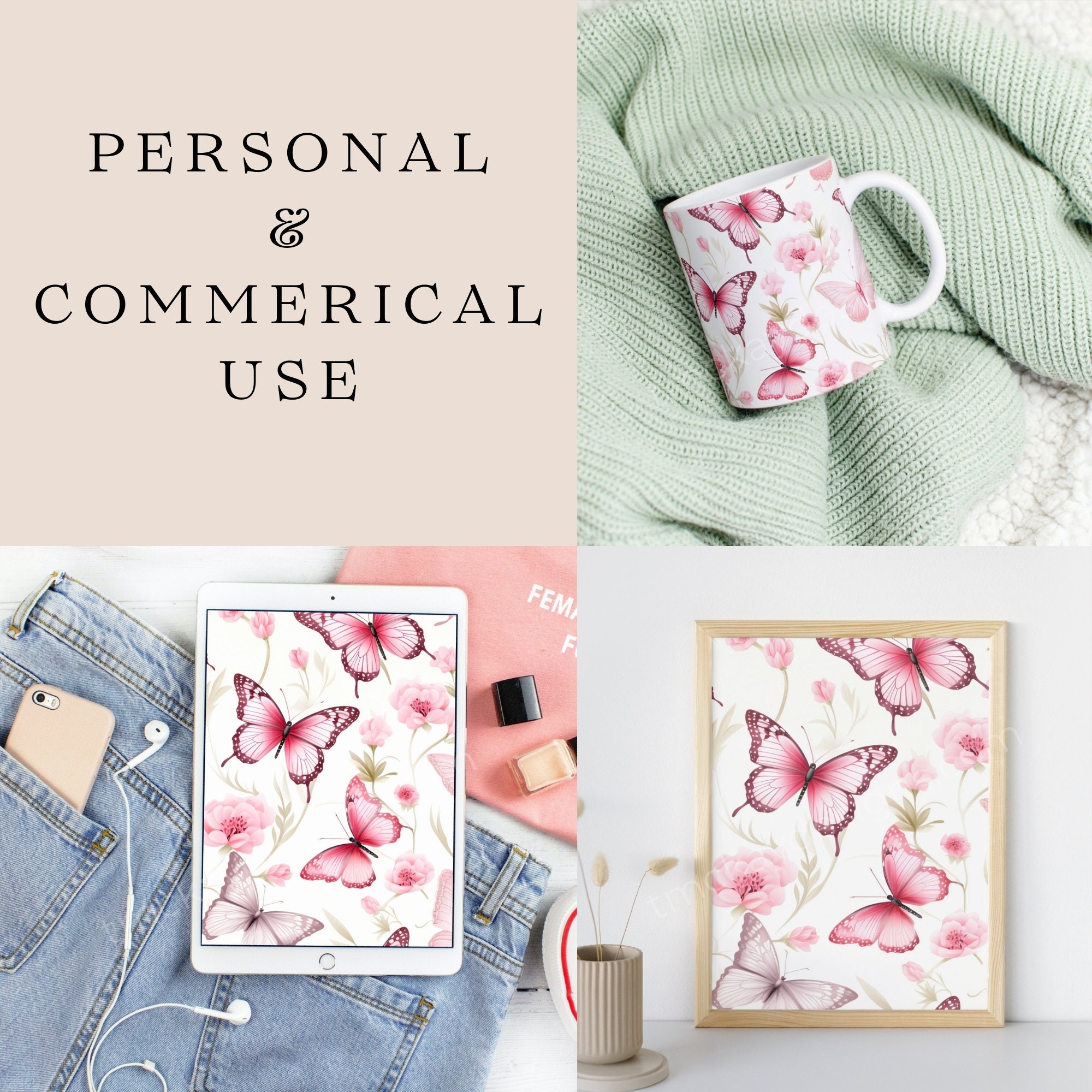 Pink Butterfly and Flowers Digital Paper, Pink Butterfly, 12X12 Inches ...