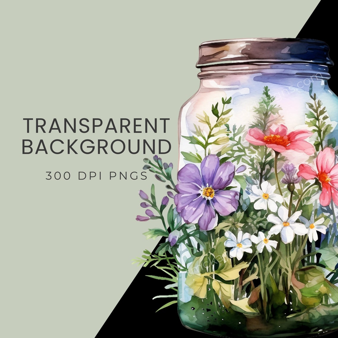 Spring Flowers Clipart, Flowers in a Jar Clipart, Watercolor Floral PNG ...
