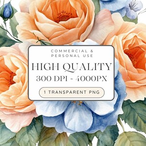 Orange and Blue Flower PNG, Watercolor Floral Clipart, Rose Bouquet ...