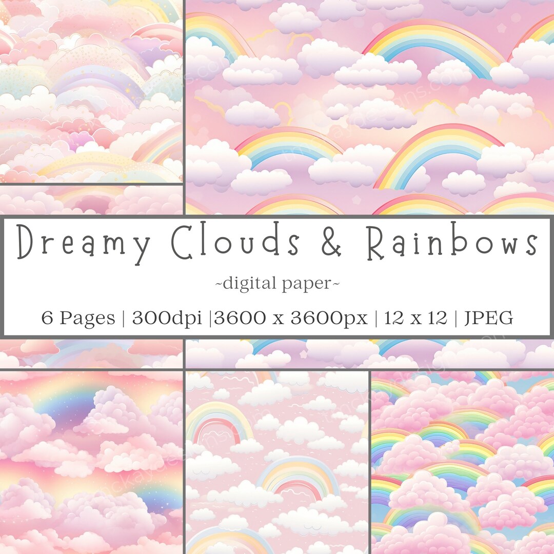 Rainbow and Clouds Digital Paper, Digital Paper Pack, Commercial Use ...