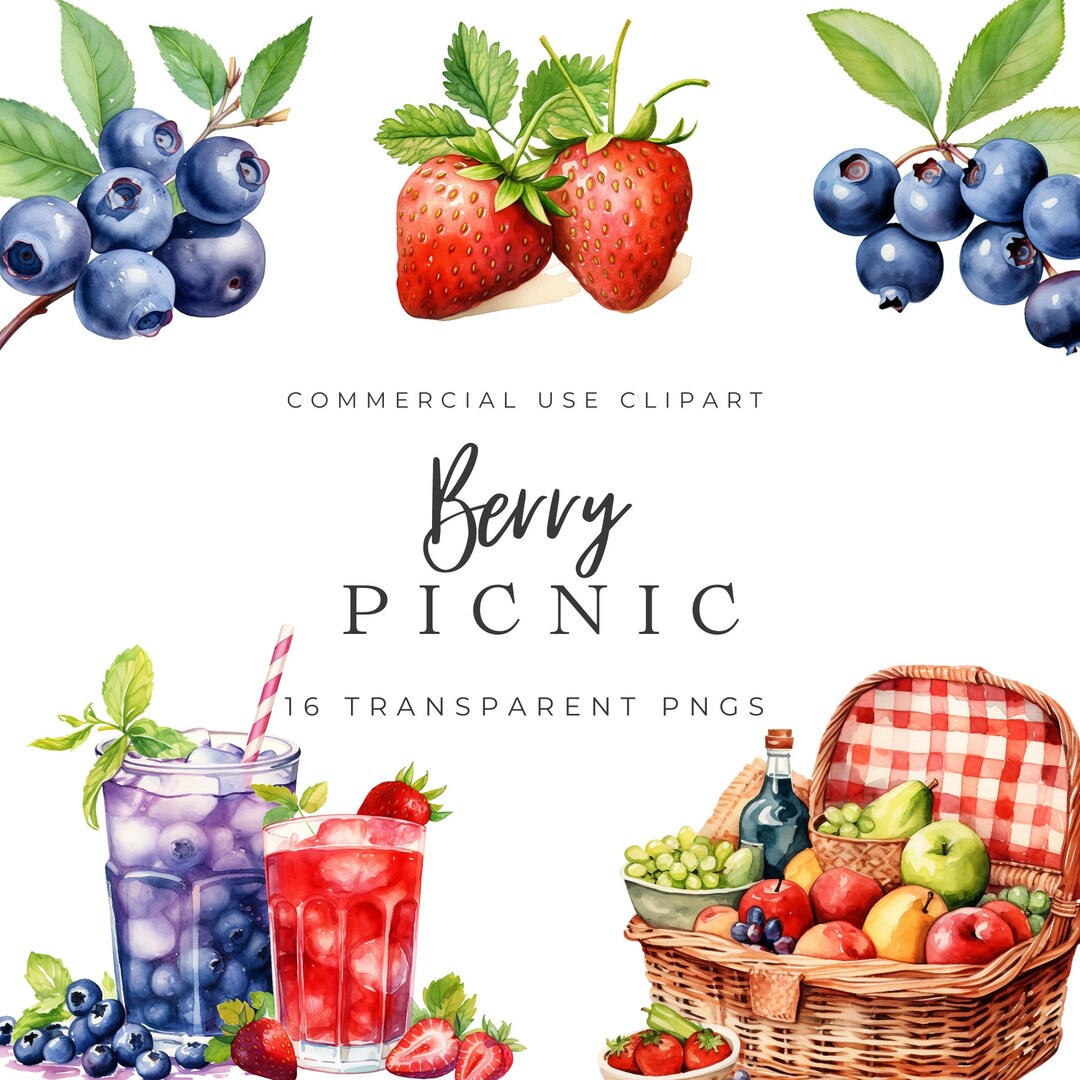 Picnic Clipart, Berry Picnic Watercolor Clipart, Summer Clipart, Summer ...