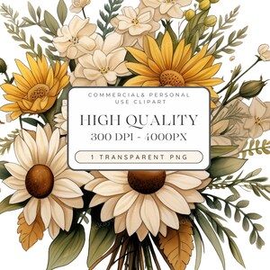 Boho Daisy Floral Bouquet Clipart, Floral Bouquet Clipart, Invitation ...