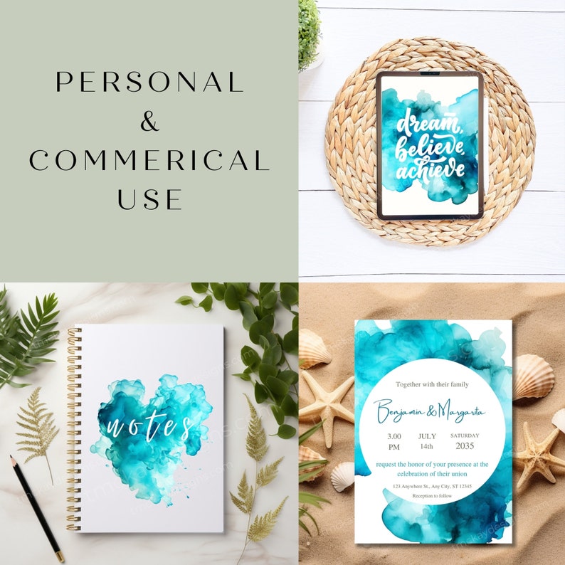 Teal Watercolor Color Splash Clipart, Turquoise Alcohol Ink Clipart ...