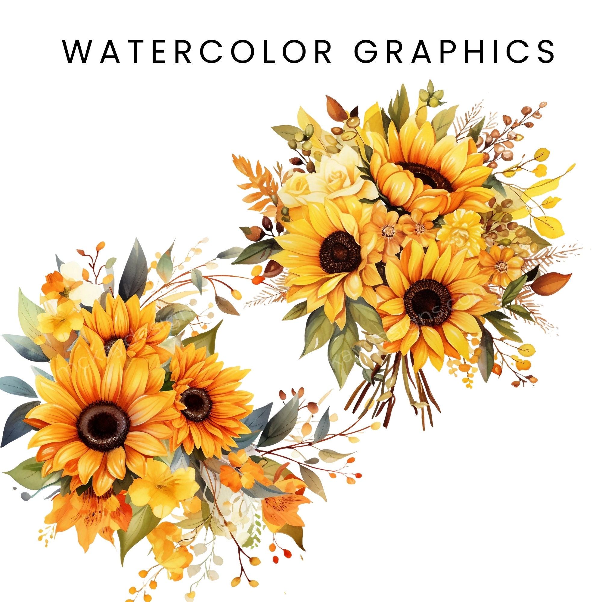 Sunflower Bouquets Clipart, Watercolor Sunflower Clipart, Invitation ...