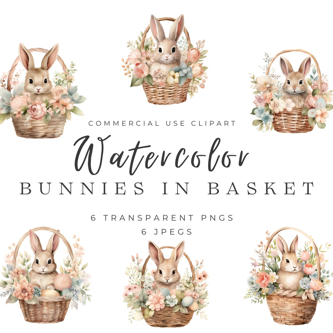 Easter Bunny Basket Clipart, Commercial Clipart, Flower Bunny Basket ...