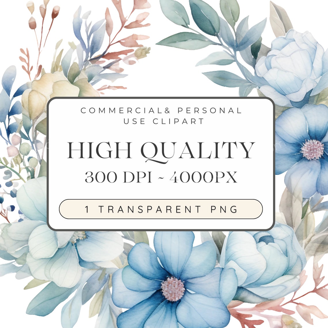 Blue Floral Wreath Clipart, Watercolor Wreath Clipart, Invitation ...