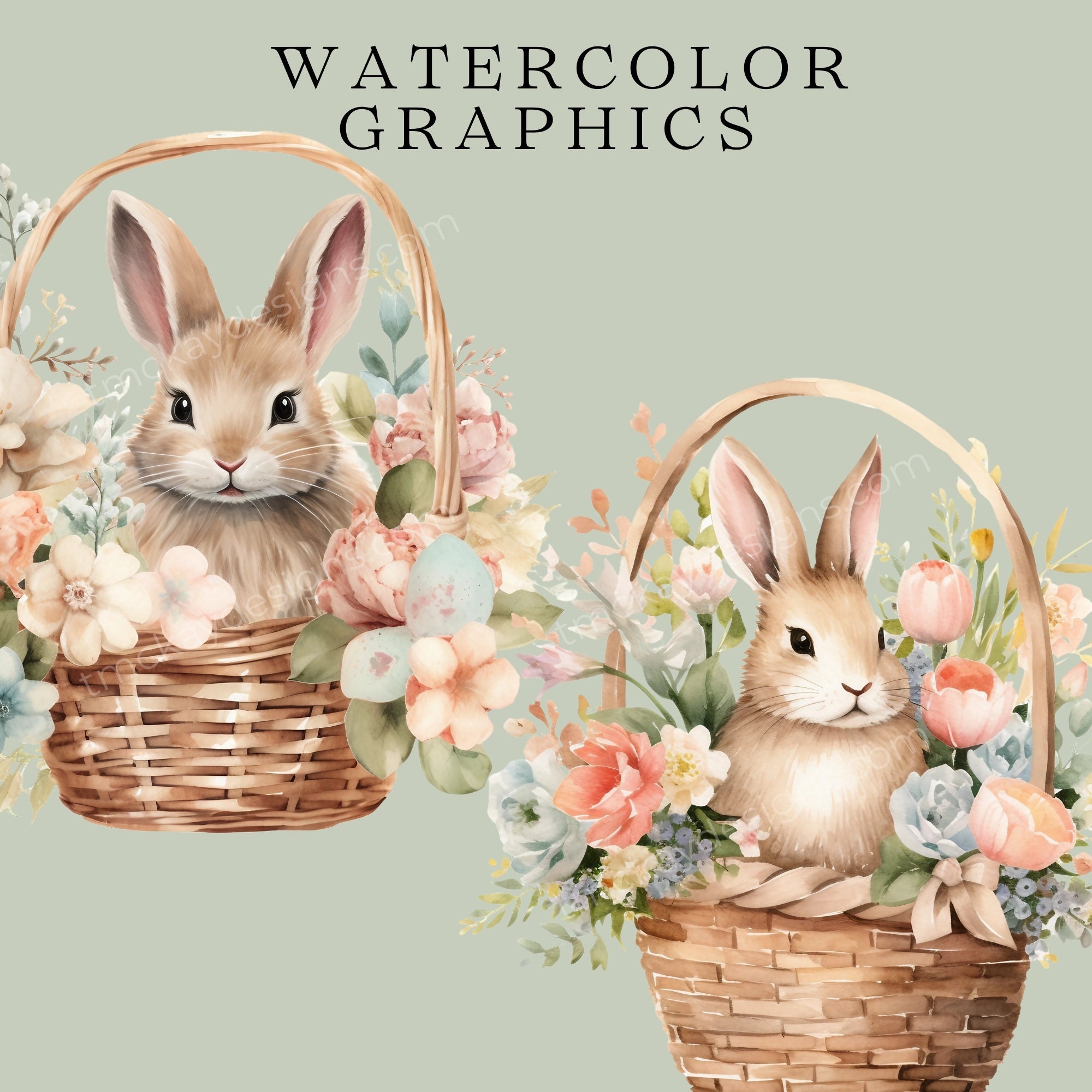 Easter Bunny Basket Clipart, Commercial Clipart, Flower Bunny Basket ...