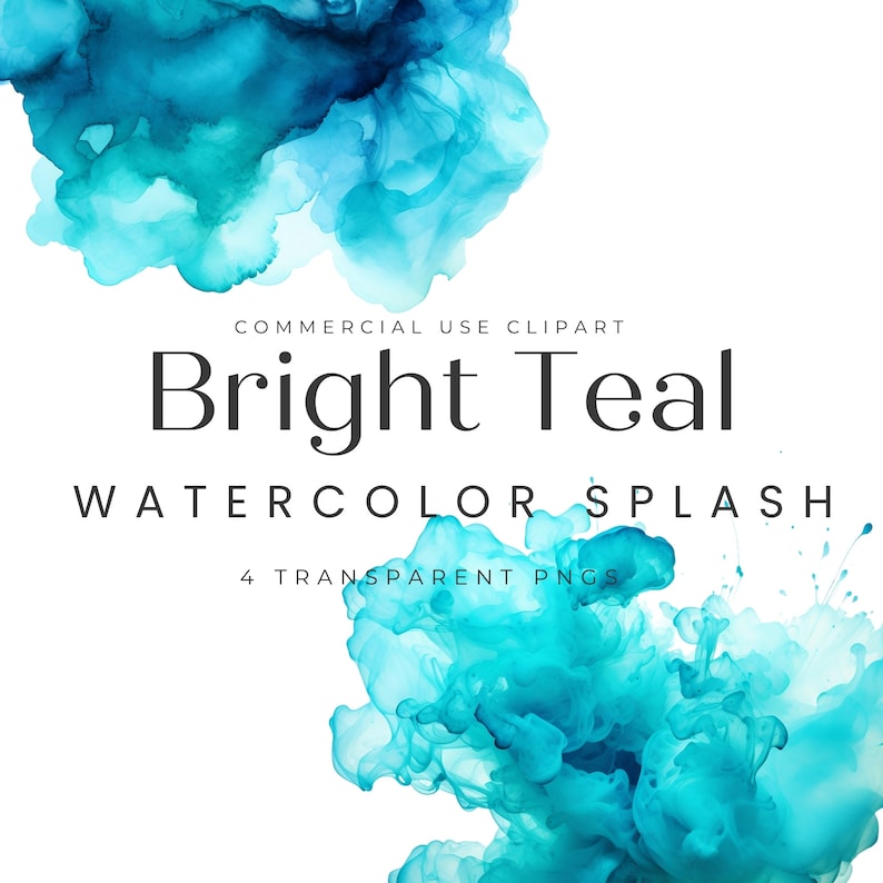 Teal Watercolor Color Splash Clipart, Turquoise Alcohol Ink Clipart ...