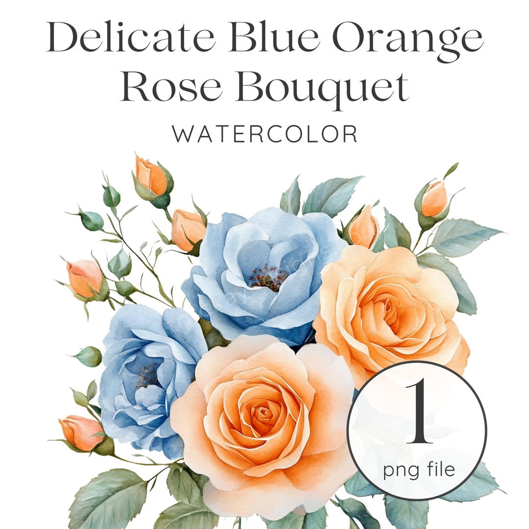 Blue and Orange Rose PNG, Watercolor Floral Clipart, Rose Bouquet ...
