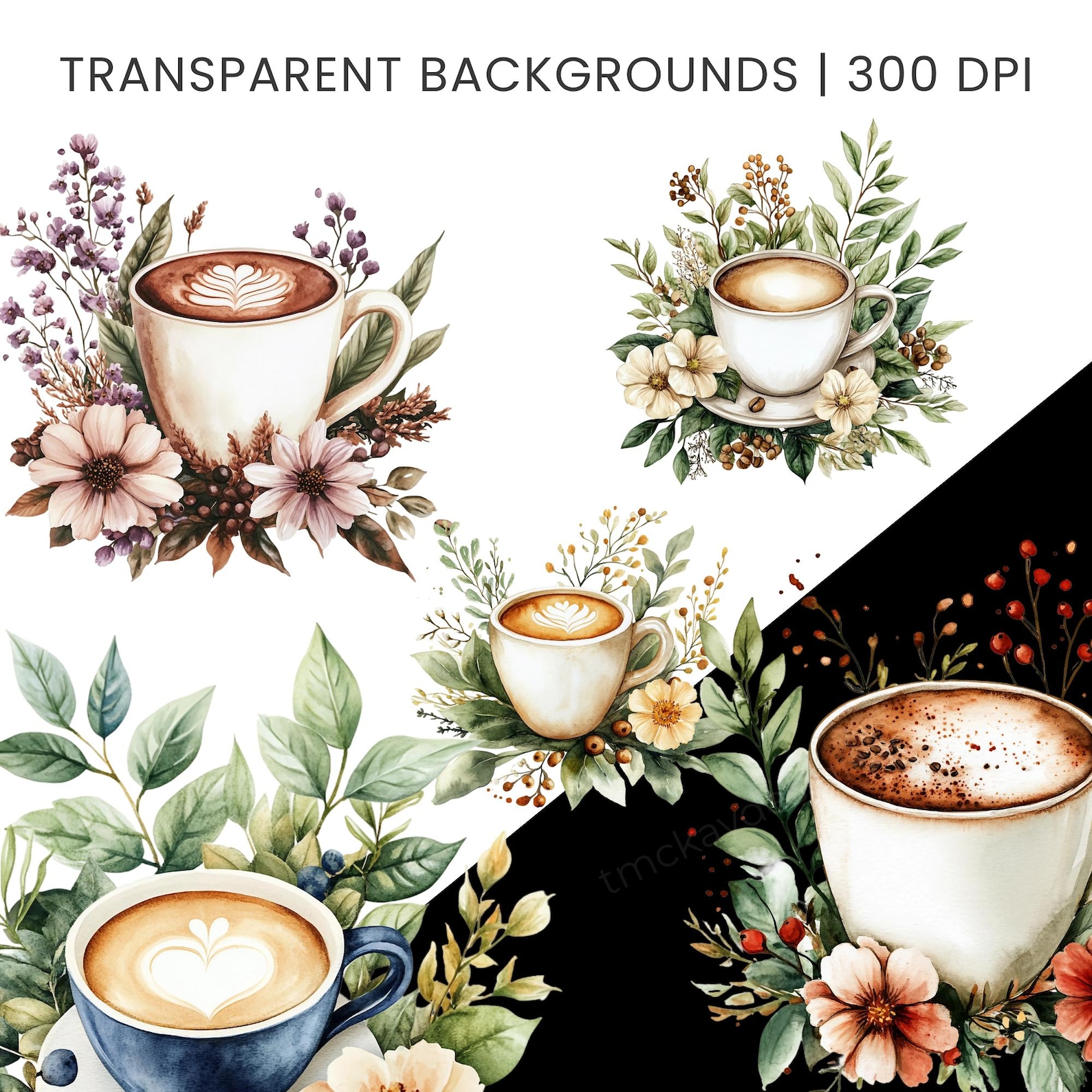 Floral Coffee Bundle PNG, Cute Cafe Coffee PNG, Floral Coffee Lover ...