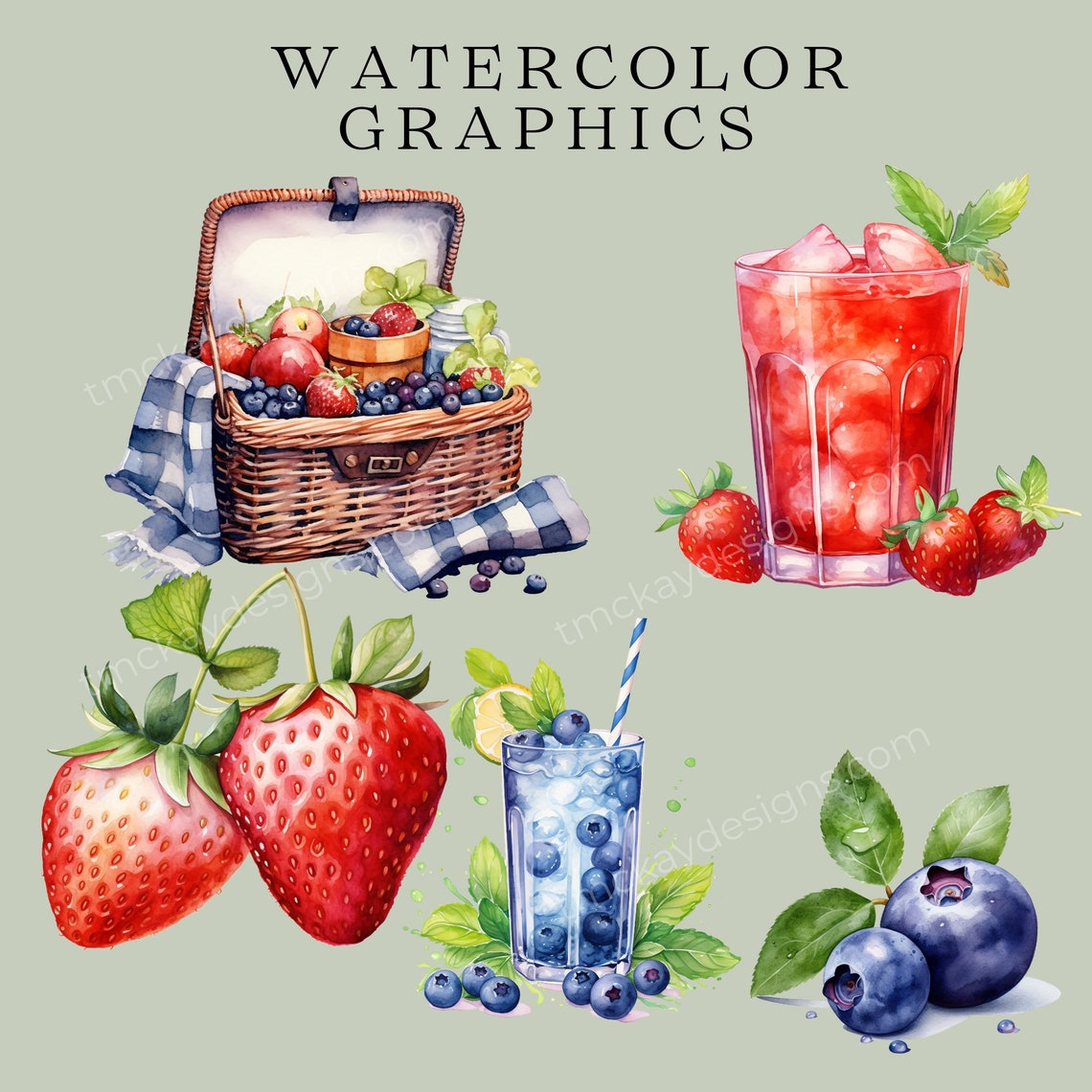 Picnic Clipart, Berry Picnic Watercolor Clipart, Summer Clipart, Summer ...