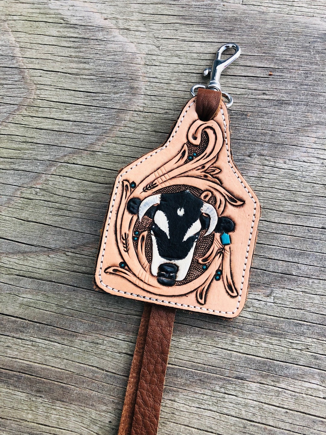 Tooled Leather Keychains Cow/beef/horned Cattle Black White Face - Etsy