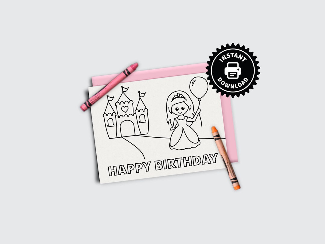 Fairytale PRINTABLE Coloring Card - Happy Birthday - Princess Colouring ...