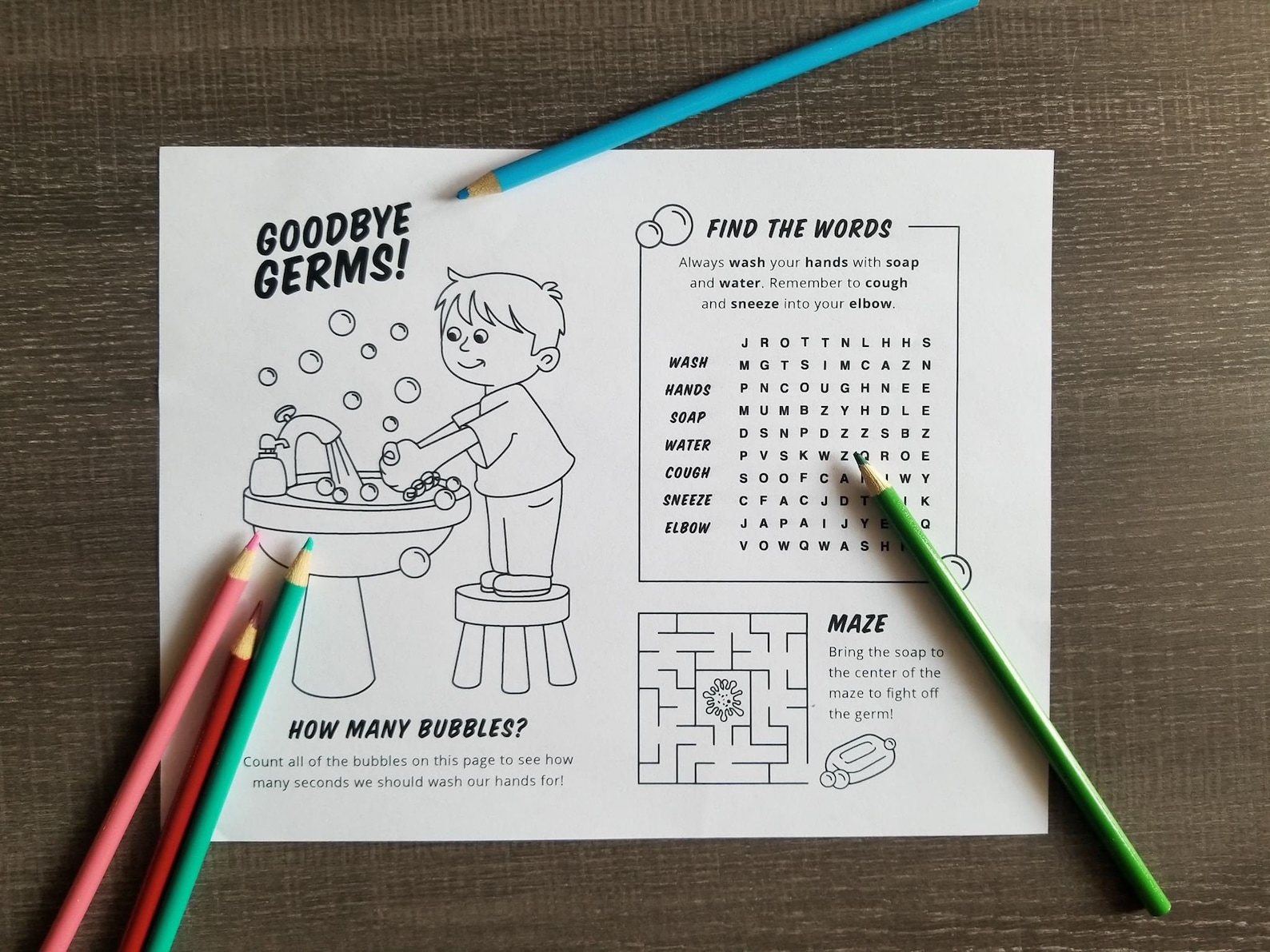 Goodbye Germs PRINTABLE Activity Sheet - Hand Washing Coloring Page ...