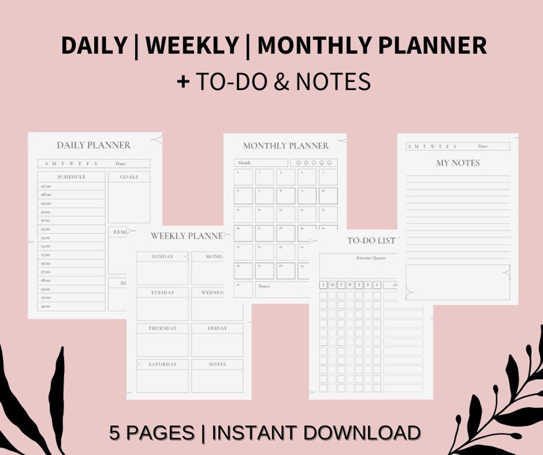 Daily, Weekly, Monthly, To-do Checklist Planner Insert Pages + Notes ...