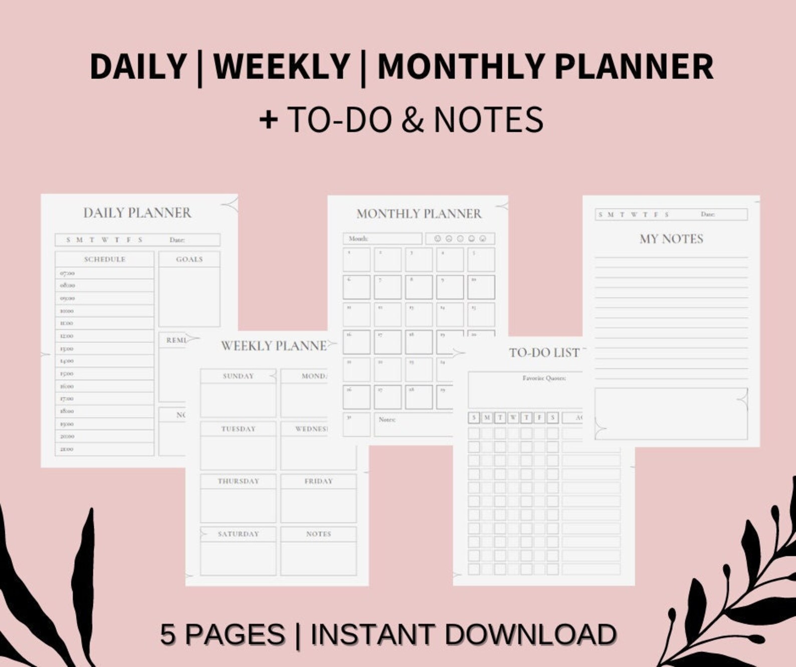 Daily, Weekly, Monthly, To-do Checklist Planner Insert Pages + Notes ...