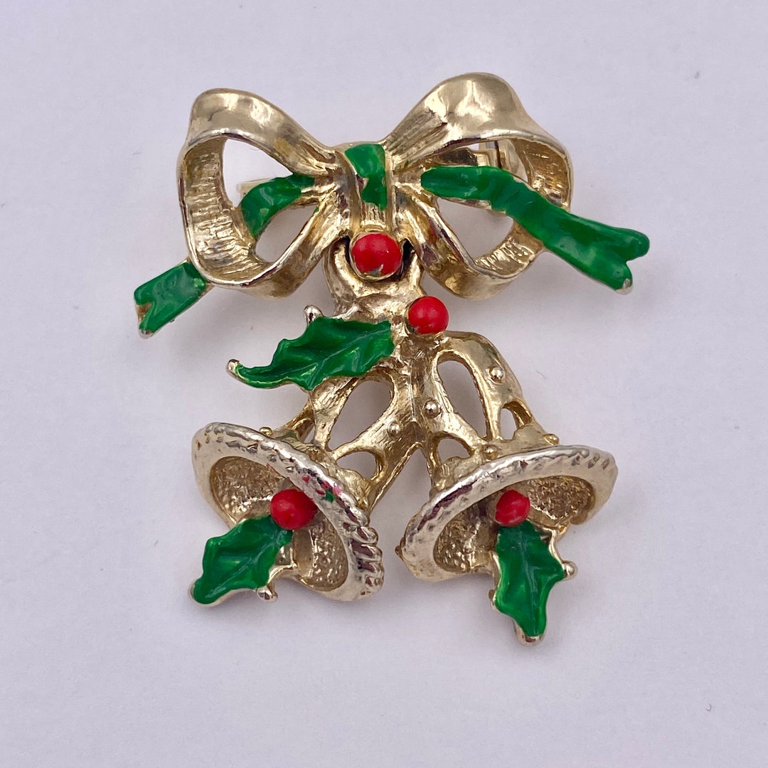 Christmas Holly Berry Enamel Brooch, Red and Green Brooch, Holiday ...