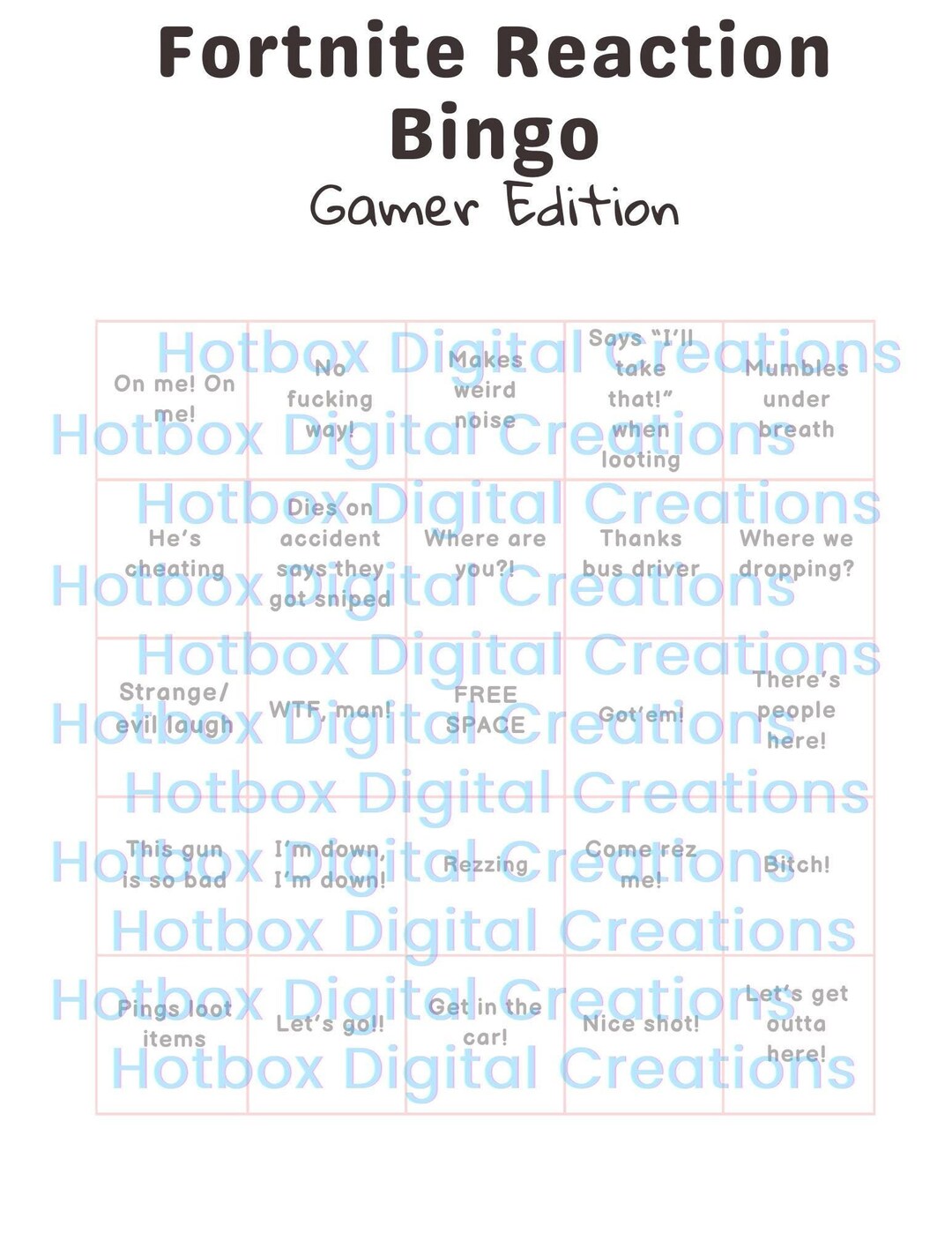 Ultimate Video Gaming Reaction Bingo Cards - Fun Gamer Reactions & Slang for Game Nights, Stream ...