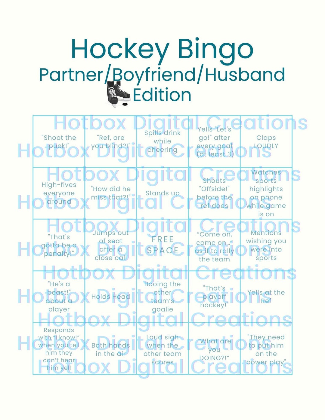 Printable HOCKEY Bingo Cards Set of 3. Partner/husband/boyfriend’s ...