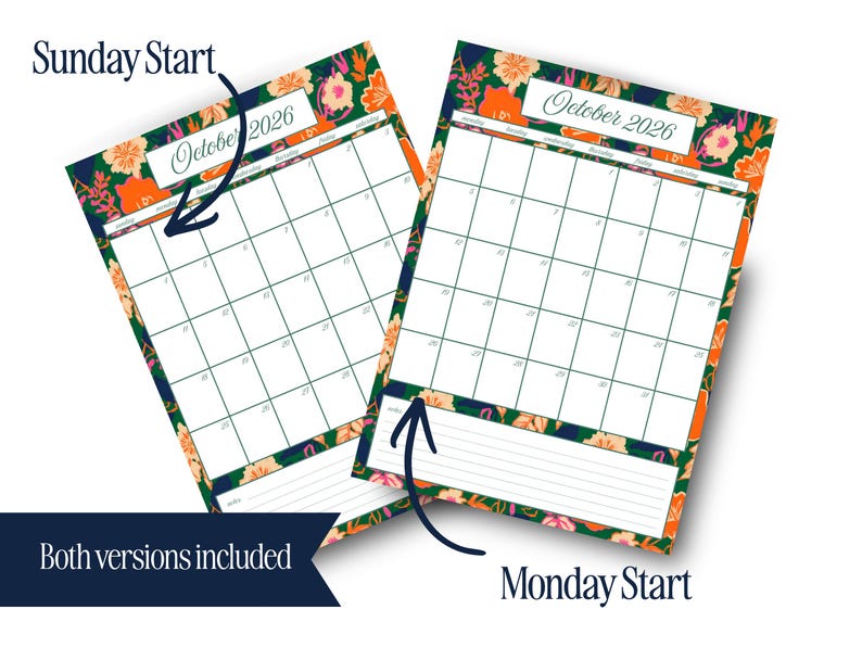 October 2026 Calendar | Retro Floral Printable (PDF + PNG, 8.5x11 US ...