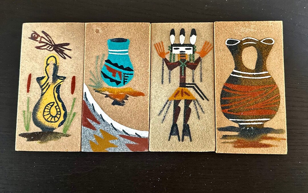 4 Navajo Sand Paintings Dancing Yei and 3 Intricate Native Pots - Etsy